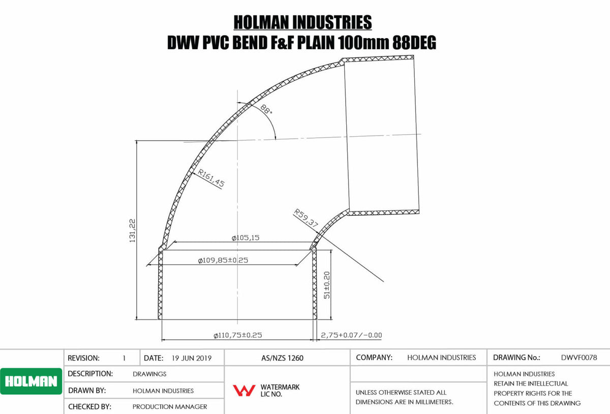 Holman DWV PVC Bend F&F Plain 88Deg 100mm - Brookies Rural Traders